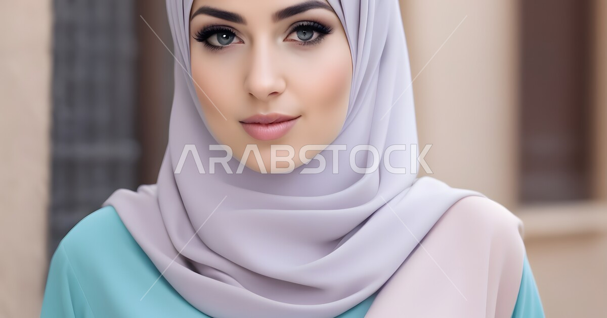 أزياء محجبات عصرية راقية، ايماءات الثقة بالنفس، بورتريه لامرأة عربية خليجية سعودية محجبة ترتدي ...