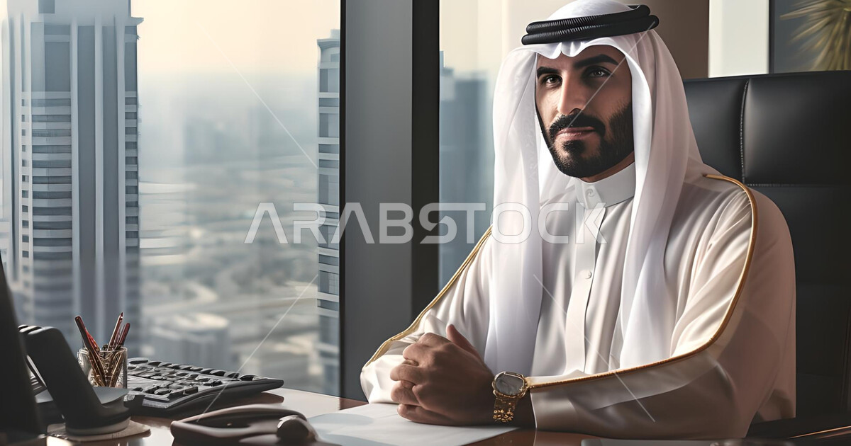 A smiling Saudi Arabian Gulf businessman wearing a traditional ghutra ...