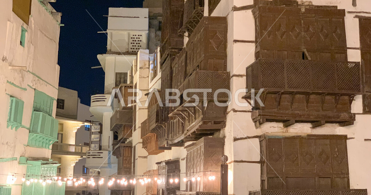 Archaeological houses in the historic city of Jeddah at night, popular ...