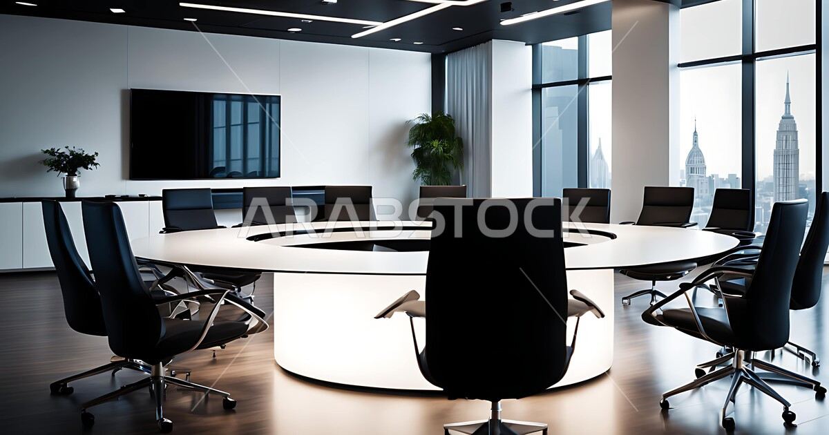 A spacious circular meeting room with a white table surrounded by black ...
