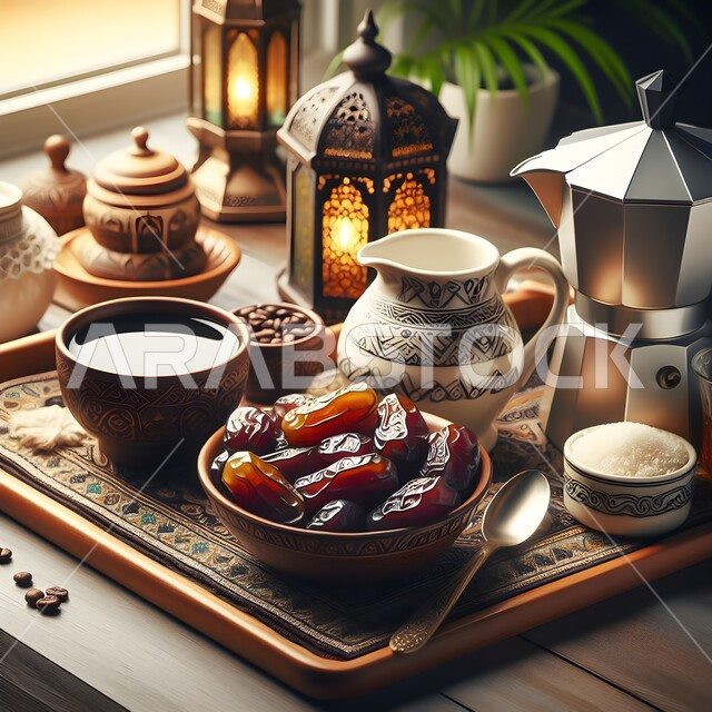 Ramadan breakfast table made of dates and Saudi Arabian coffee, a ...