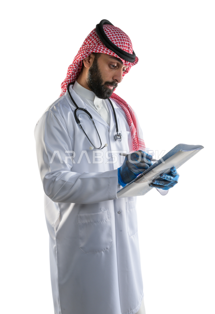Portrait of a man. A Saudi Arabian doctor follows a patient’s diagnosis ...