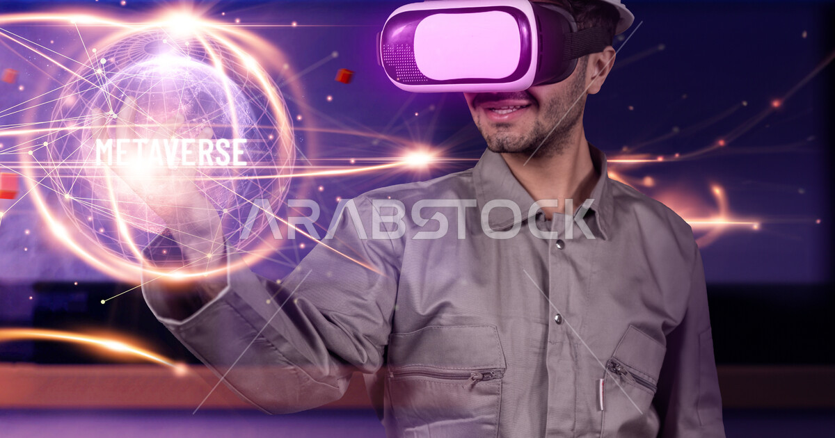 Using the 3D hologram feature, a close-up image of a Saudi Arabian Gulf industrial worker ...