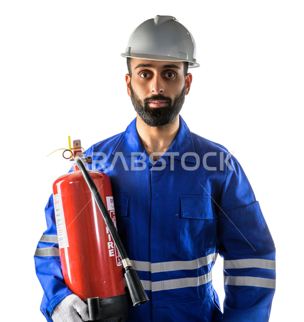 Portrait of a successful Saudi Gulf firefighter, emergency firefighting ...