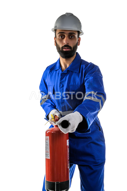 Portrait of a successful Saudi Gulf firefighter, emergency firefighting ...