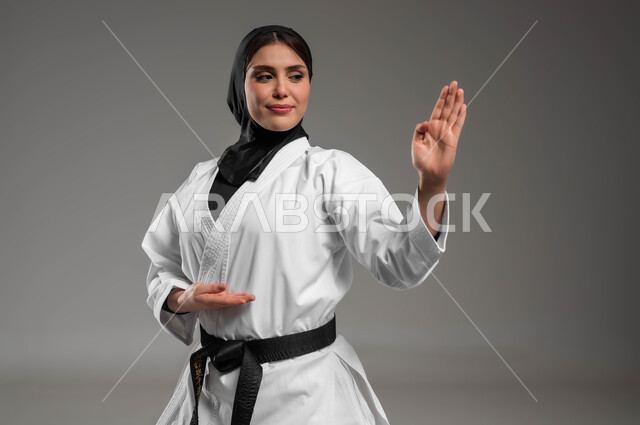 Practicing special combat movements, martial arts, close-up portrait of ...
