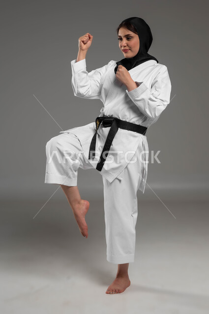 Karate tournaments, women’s sports activities, portrait of a Saudi Gulf ...