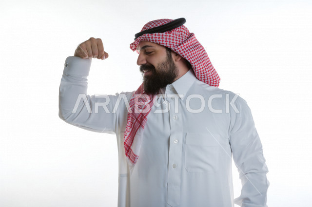 Portrait of a happy Saudi Gulf man in traditional Saudi dress, various ...