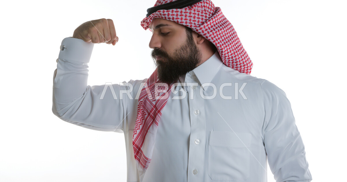 Portrait of a happy Saudi Gulf man in traditional Saudi dress, various ...