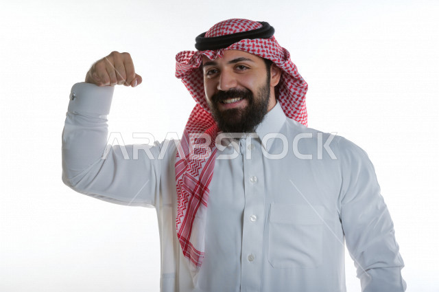Portrait of a happy Saudi Gulf man in traditional Saudi dress, various ...