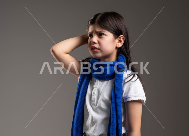 Looking up with gestures of confusion and sadness, close-up portrait of ...