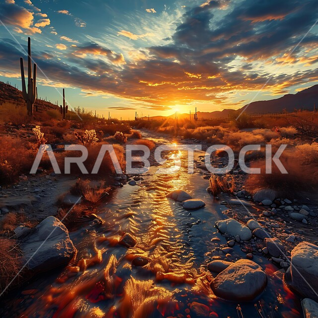 A view of the sky with dense clouds, spiny desert plants and grasses in ...
