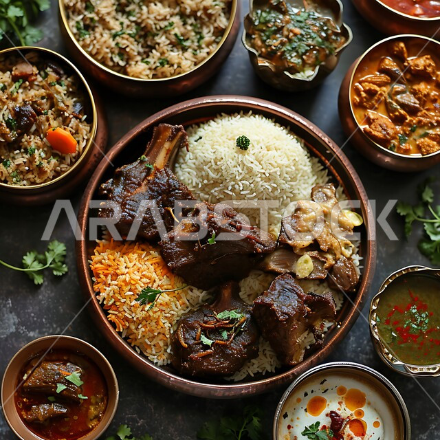 Popular dishes and traditional Arabic food, a dish of mandi rice with ...