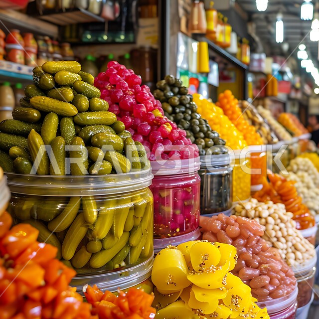 Foods and snacks, appetizers and acidic foods in a store, a close-up of ...