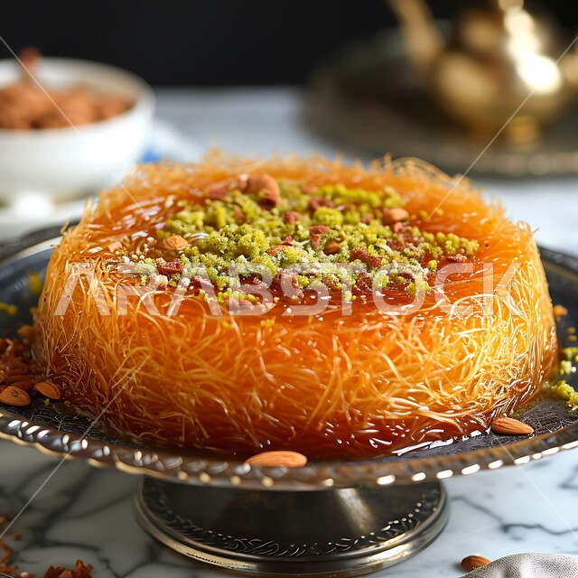 Famous oriental recipes, a close-up photo of a kunafa dessert dish ...