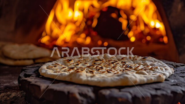 Fresh hot baked goods, flat bread in the popular Arabic oven in Saudi ...