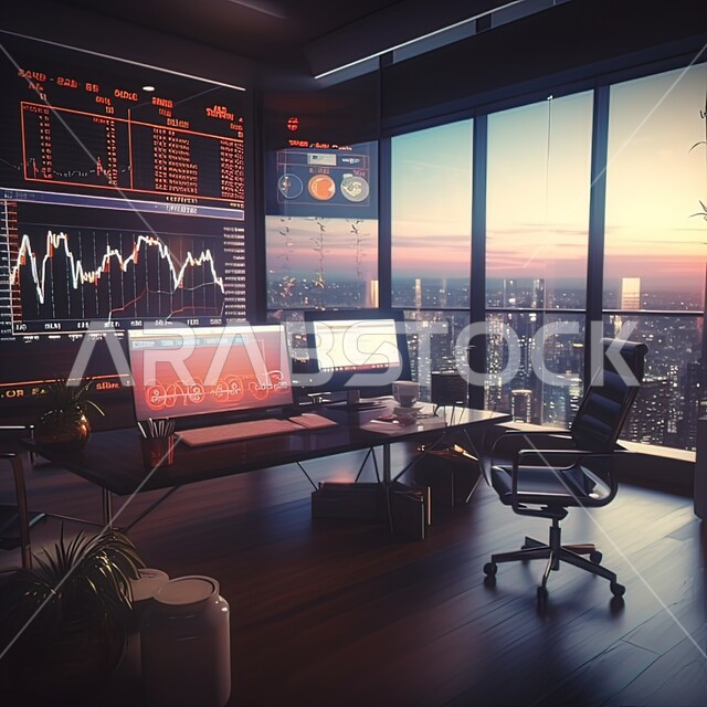 Work offices with a glass facade overlooking the city at night, a ...