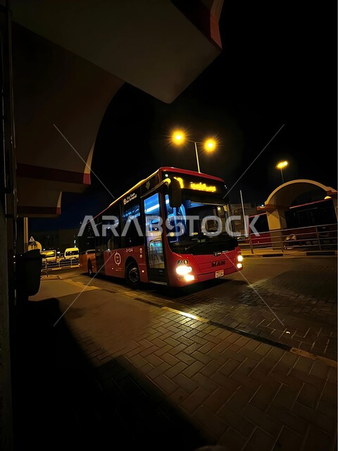 Route of modern buses on designated roads and stations at night, a bus ...