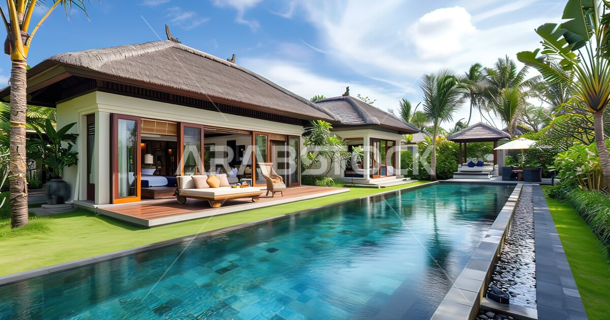 The blue swimming pool in the garden of a luxury residential complex ...