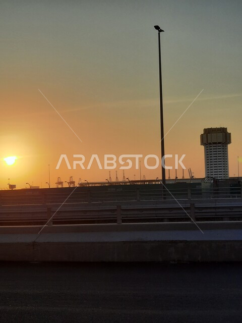 Jeddah Islamic Port Tower at sunset, buildings in the Al-Balad district ...