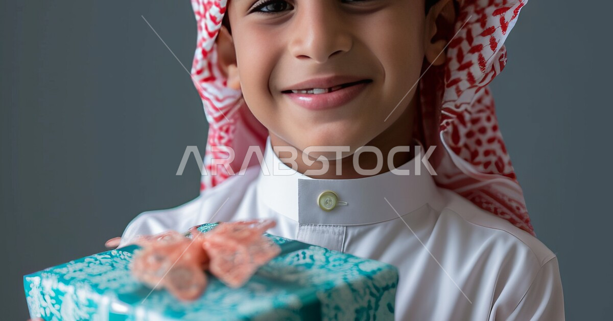 Feeling of happiness and joy, close-up portrait of a smiling Saudi Gulf ...