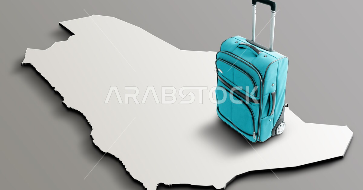 3D design of a blue suitcase on the map of the Kingdom of Saudi Arabia ...