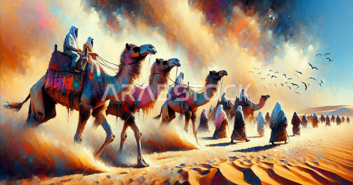 وسائل النقل والمواصلات القديمة، صورة بالألوان الزيتيه لقافلة من الجمال ...