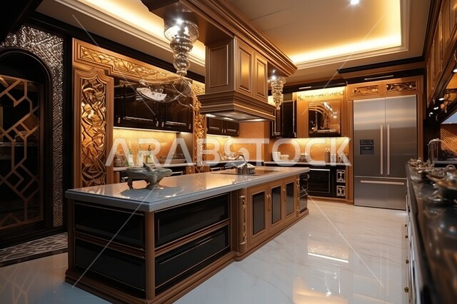 Elegant Arabic kitchen in black and brown, using lanterns for lighting ...