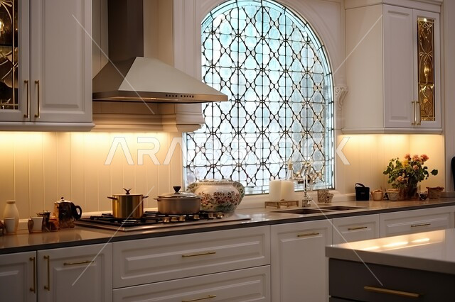 A close-up picture of kitchen utensils arranged on kitchen marble ...