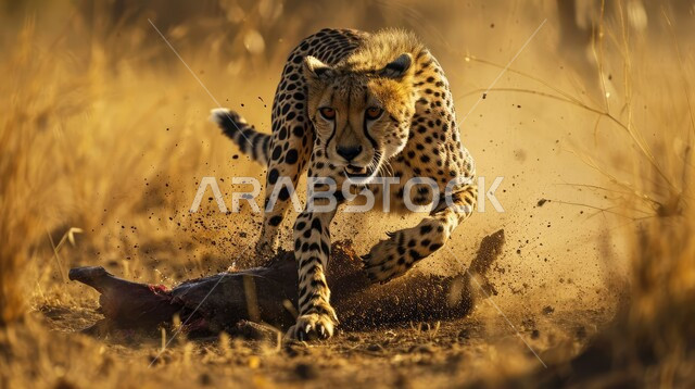 A close-up photo of a tiger in a forest, catching prey with force ...
