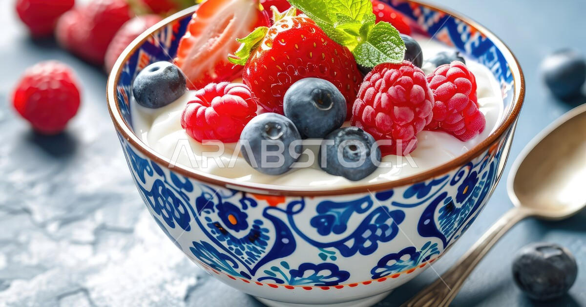 طبق من الزبادي المزين بالفراولة و التوت البري الاحمر والاسود داخل طق ...