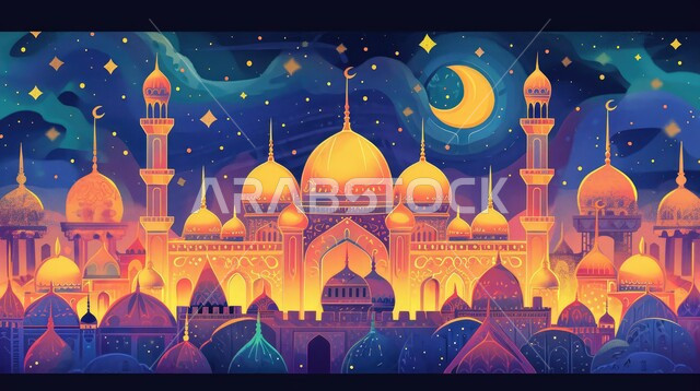 Religious spiritual atmosphere, 3D models of mosques and domes, worship ...