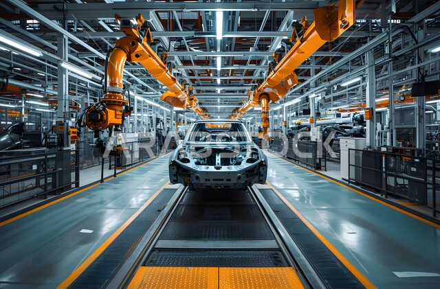 Using advanced robots in the production and manufacturing of modern cars, relying on automation ...