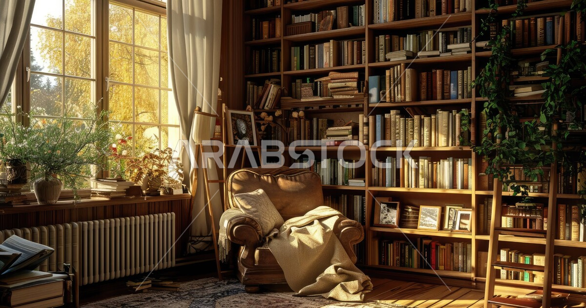 النباتات الخضراء المتسلقة، أريكة مريحة في زاوية قراءة قرب النافذة، أثاث ...