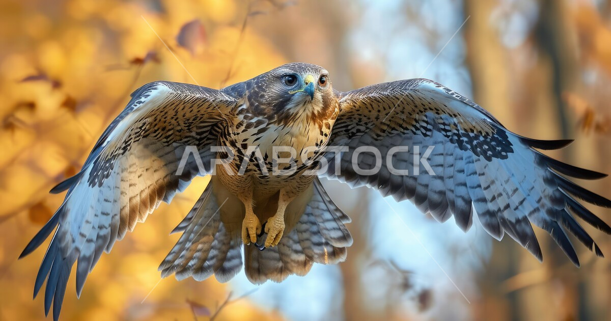 A falcon bird of prey is preparing to pounce on its prey in one of the ...