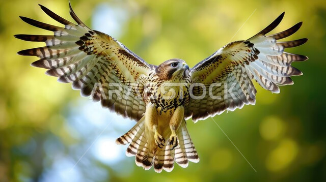 A falcon bird of prey flies in one of the nature reserves in the ...