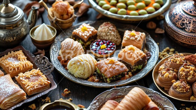 Saudi Eid desserts with pistachios and nuts, dishes of oriental Arabic ...