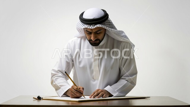 Taking and recording notes and ideas, a close-up portrait of a Saudi ...