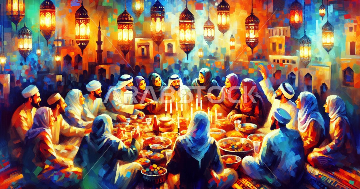 A family Ramadan breakfast, an iftar table full of delicious food items ...