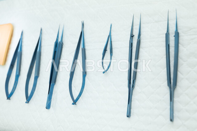 Training and practicing suturing wounds, a close-up of stainless steel ...
