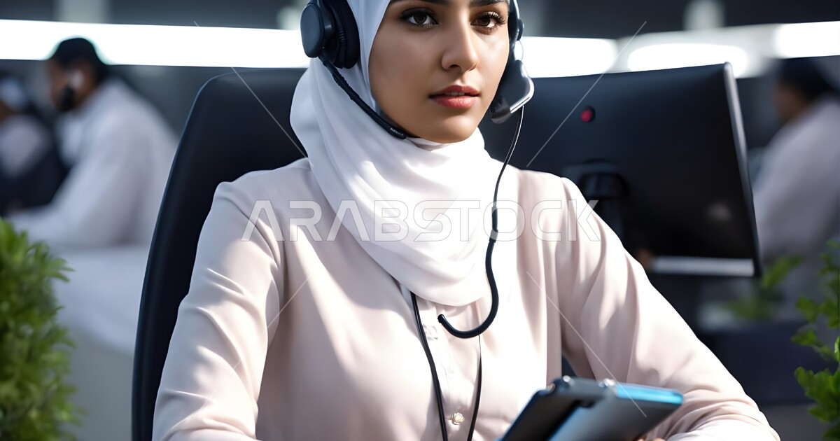 إجراء المكالمات والرد على العملاء، صورة مقربة لموظفة عربية سعودية محجبة تعمل ضمن مقر الشركة ...