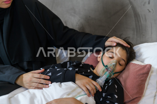 A sick Arab child suffers from fatigue and pain, receives care and ...