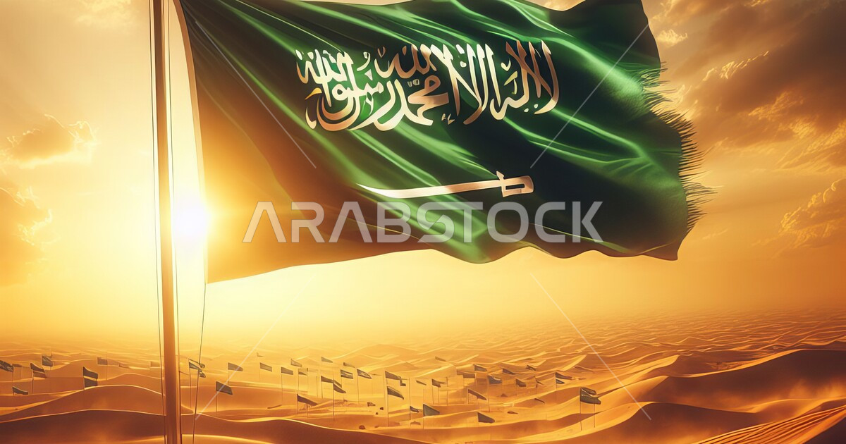 The Kingdom’s flag planted in golden sand, flying high in the Saudi sky ...