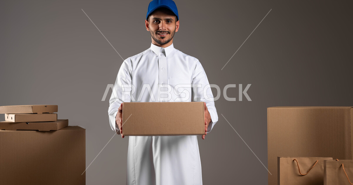 Saudi products and goods, wrapped cartons in a variety of sizes and ...
