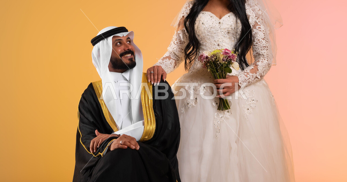 Gestures of joy and pleasure on the wedding day, exchanging looks of ...