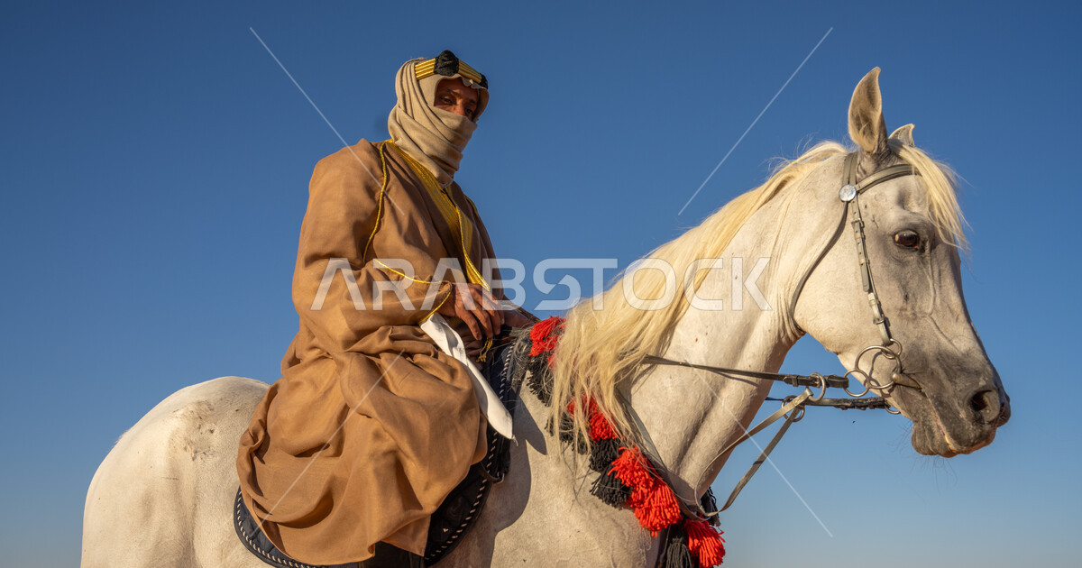 Love and passion for purebred Arabian horses, a Saudi Arabian Gulf knight wearing a bisht and a ...