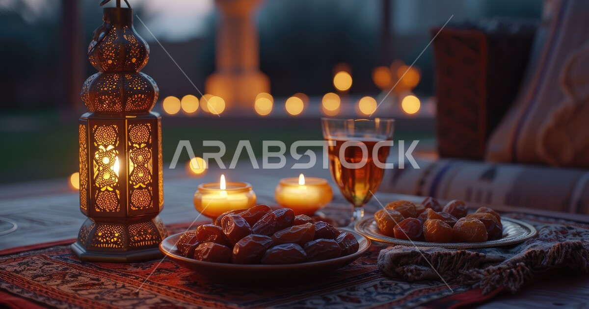 A plate of dates in front of a decorated and illuminated metal lantern ...
