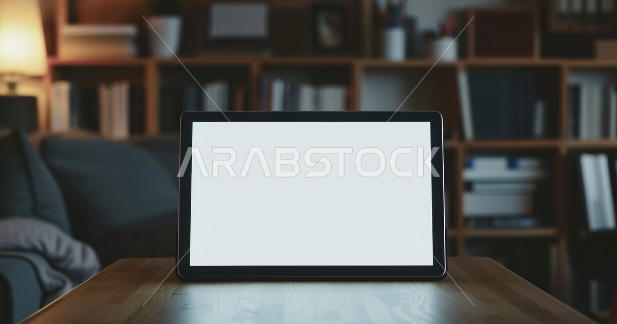 Using advanced technologies, close-up of a tablet on a wooden table in ...