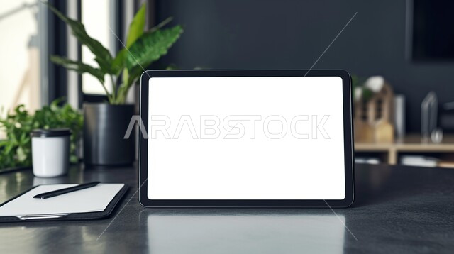 A close-up image of a tablet on a desktop, displaying a blank white ...