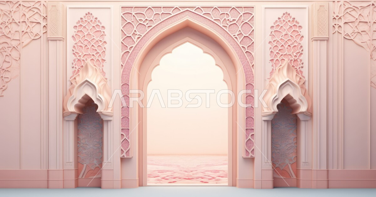 A 3D model of the door and entrance of the mosque with a pink arch, a ...